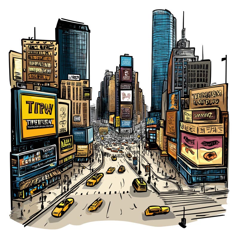 Vector Comic Hand-drawn Illustration of Times Square. Times Square in ...