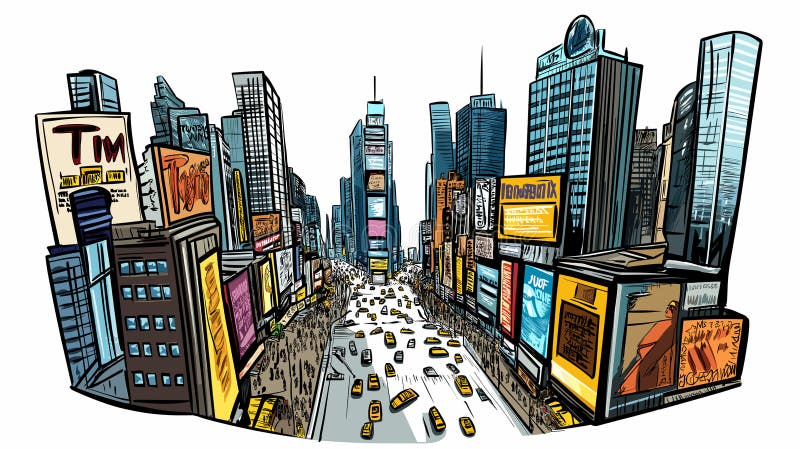 Vector Comic Hand-drawn Illustration of Times Square. Times Square in ...