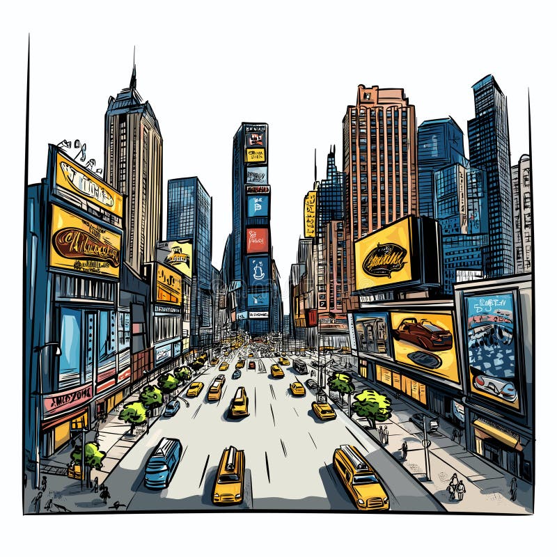 Vector Comic Hand-drawn Illustration of Times Square. Times Square in ...