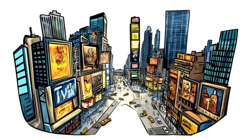 Vector Comic Hand-drawn Illustration of Times Square. Times Square in ...
