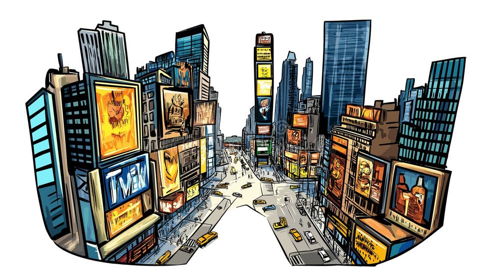 Vector Comic Hand-drawn Illustration of Times Square. Times Square in ...