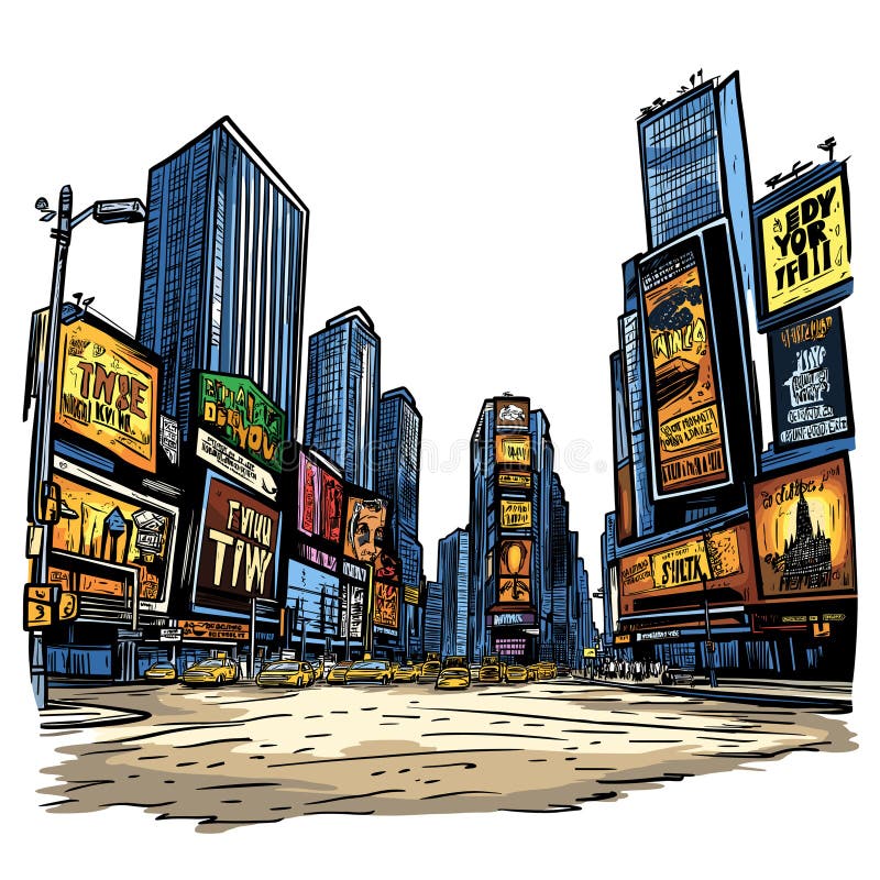 Vector Comic Hand-drawn Illustration of Times Square. Times Square in ...