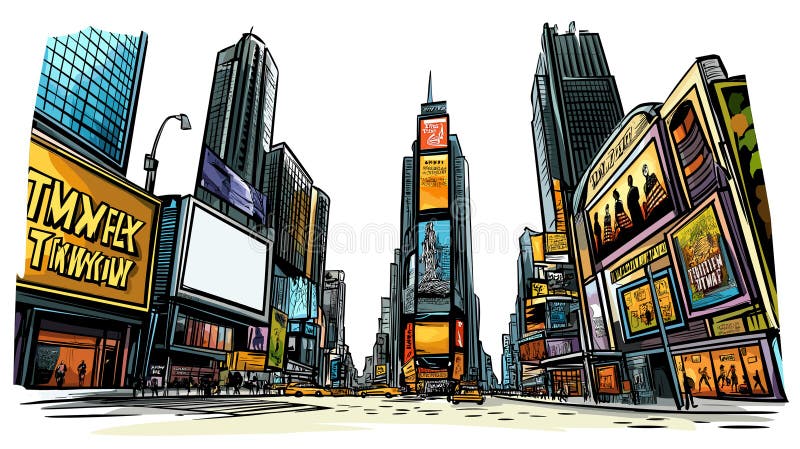 Vector Comic Hand-drawn Illustration of Times Square. Times Square in ...