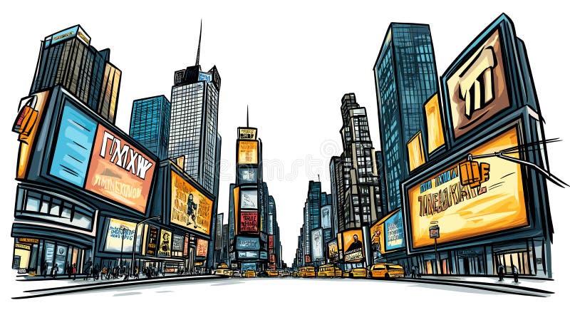 Vector Comic Hand-drawn Illustration of Times Square. Times Square in ...