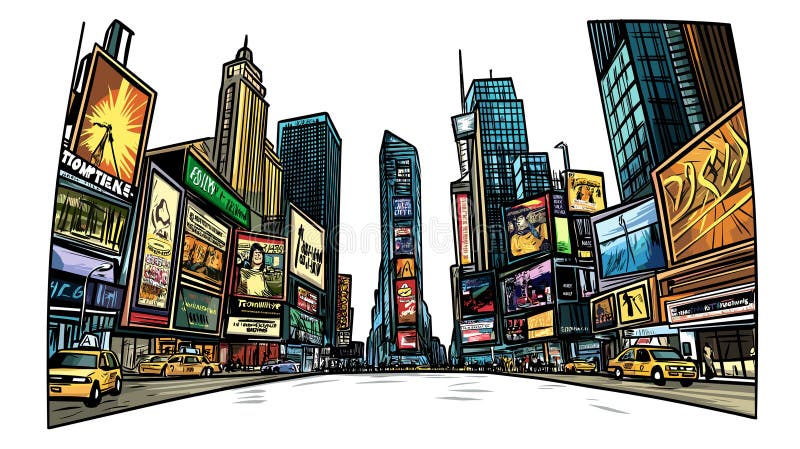 Vector Comic Hand-drawn Illustration of Times Square. Times Square in ...