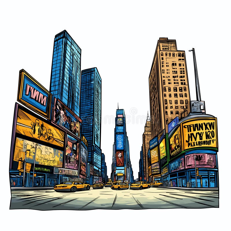 Vector Comic Hand-drawn Illustration of Times Square. Times Square in ...