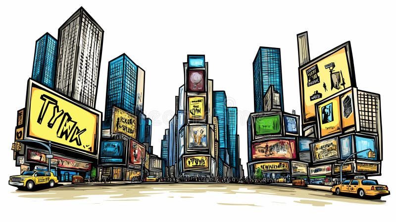 Vector Comic Hand-drawn Illustration of Times Square. Times Square in ...
