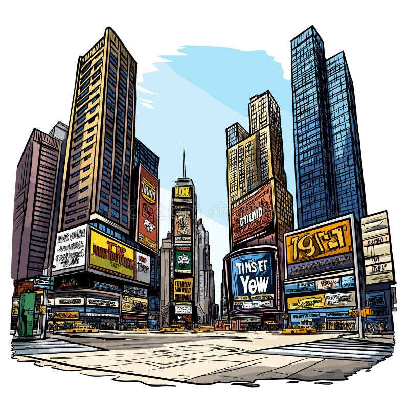 Vector Comic Hand-drawn Illustration of Times Square. Times Square in ...