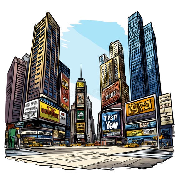 Vector Comic Hand-drawn Illustration of Times Square. Times Square in ...
