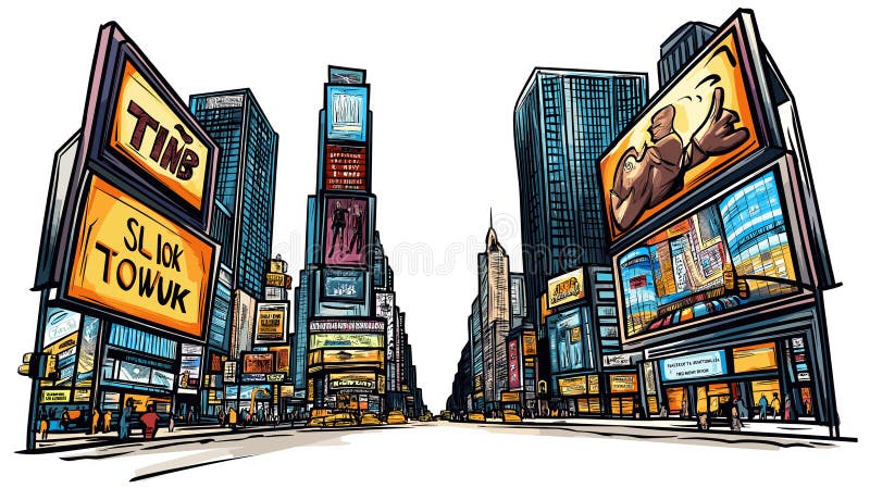 Vector Comic Hand-drawn Illustration of Times Square. Times Square in ...