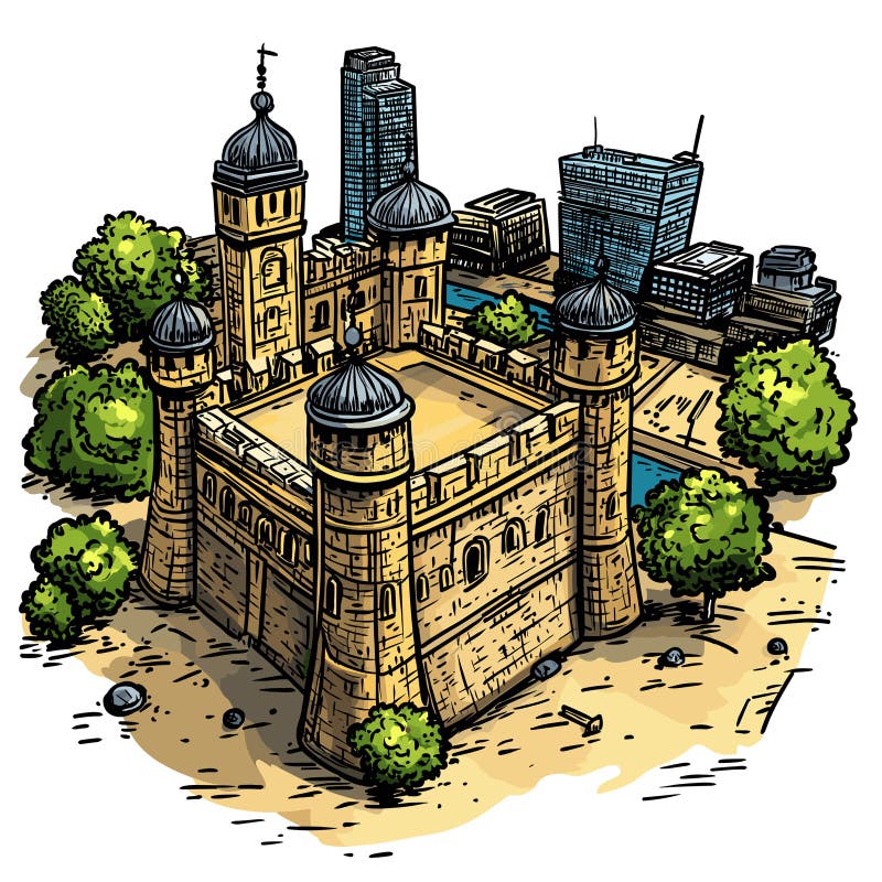 Vector Comic Hand-drawn Illustration of Tower of London. Tower of ...