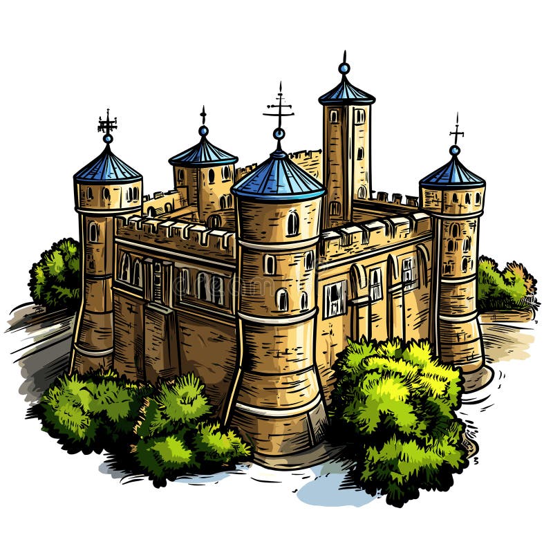 Vector Comic Hand-drawn Illustration of Tower of London. Tower of ...