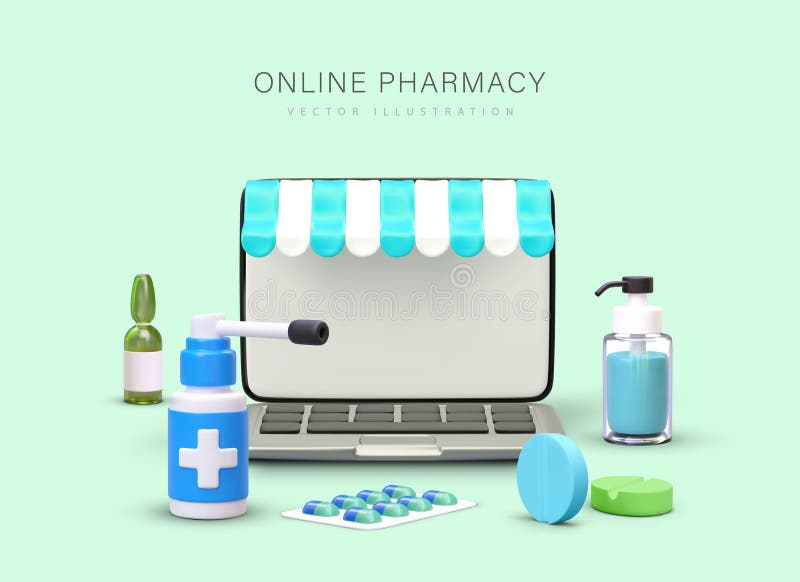 Vector Composition for Online Pharmacy. Open Laptop with Shop Canopy ...