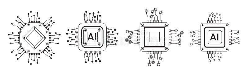 Vector Computer Electronic Chip Line AI Icons Set. Outline Microchip ...