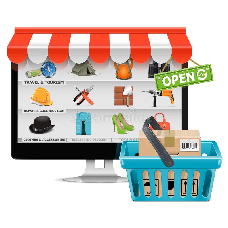 Vector Computer Shop with Basket Stock Vector - Illustration of rack ...