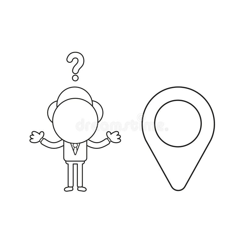 Vector Confused Businessman Character with Map Pointer. Black Outline ...
