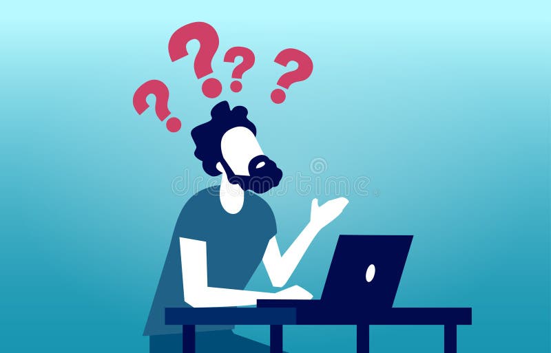 Vector of a Confused Man Sitting at Desk with Laptop Computer Stock Illustration - Illustration ...