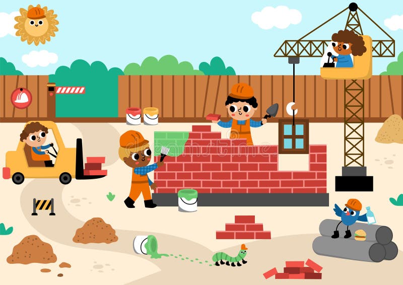 Vector Construction Site Landscape Illustration. Scene with Kid Workers in Building a Brick ...