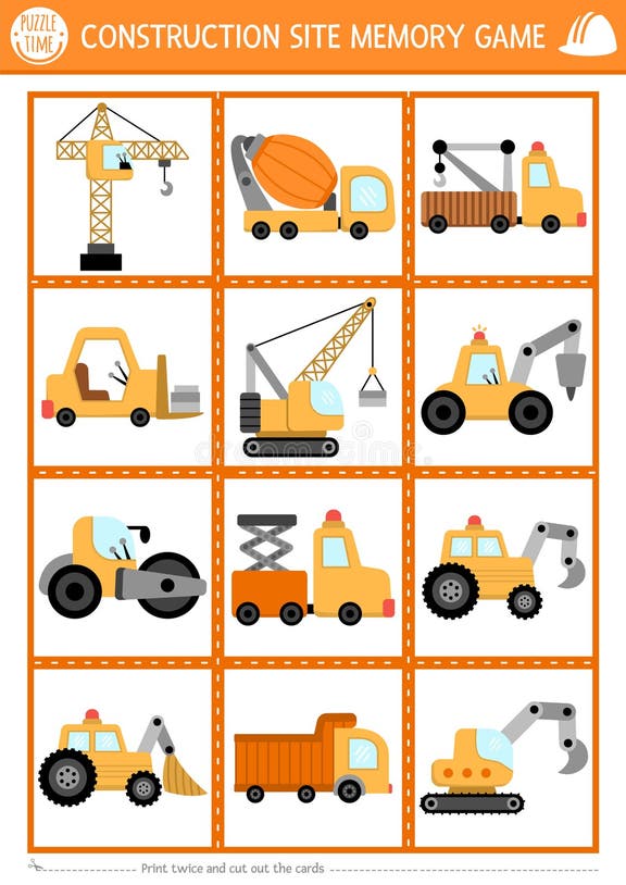 Vector Construction Site Memory Game Cards with Cute Special Technics ...