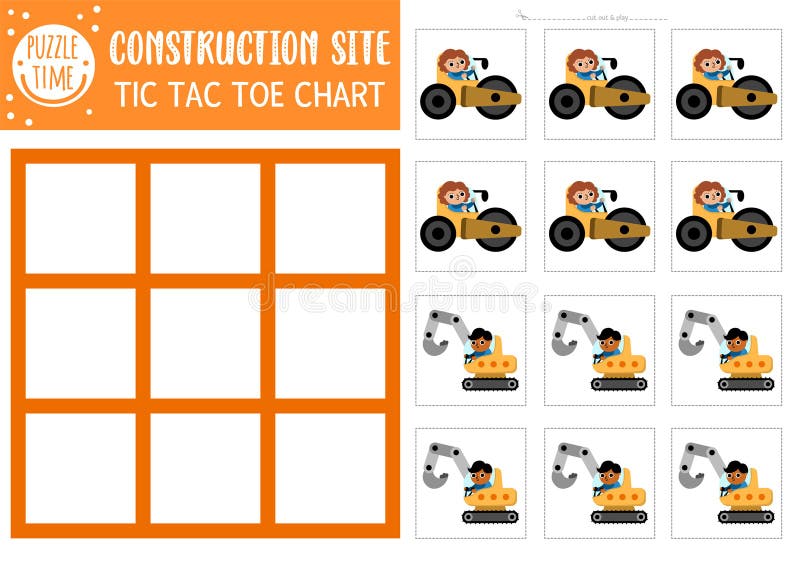 Vector Construction Site Tic Tac Toe Chart with Road Roller and ...