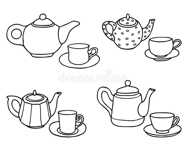 Vector Contour Drawing of Various Tea Cups and Tea Pots Stock Vector ...