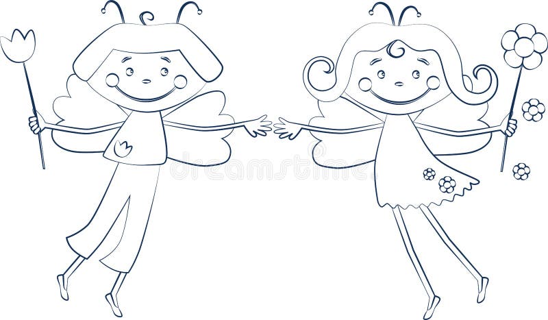 Vector Contour Drawings of Two Flying Cheerful Cartoon Elves Stock ...