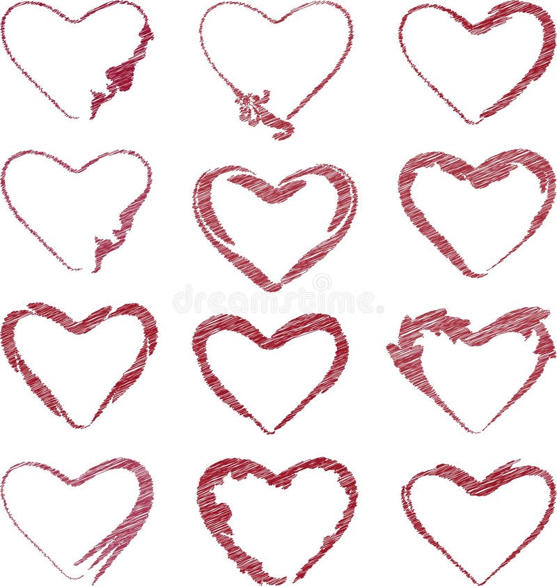 Vector Contour Scribble Drawings of Set Decorative Abstract Red Heart ...