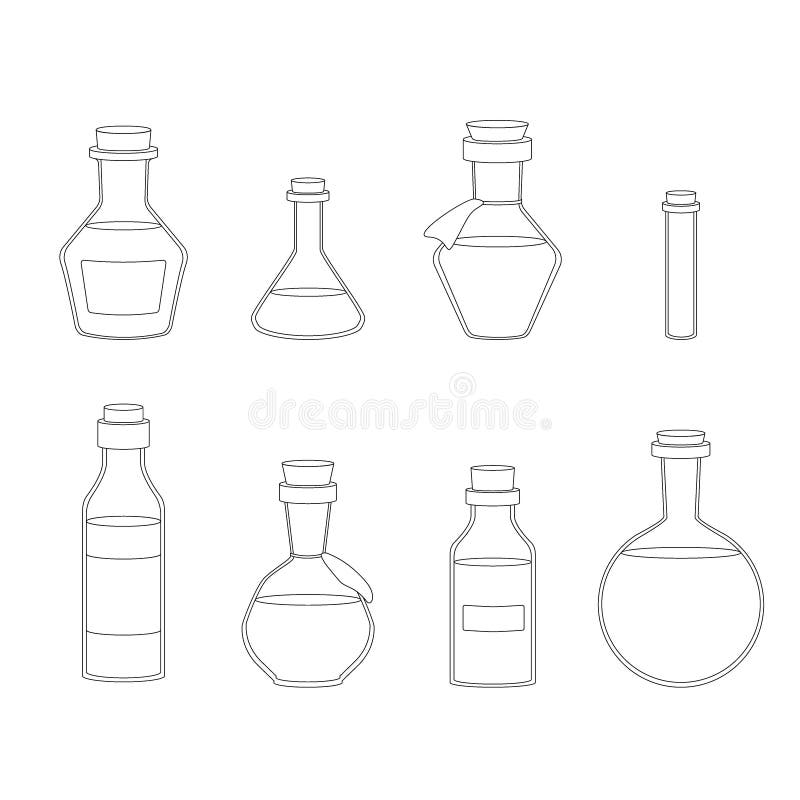 Vector Contour Set of Flasks of Various Shapes. Vessels for Liquid ...