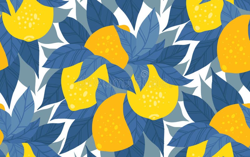 Vector Contrast Seamless Pattern with Bunch of Lemons and Blue Foliage ...