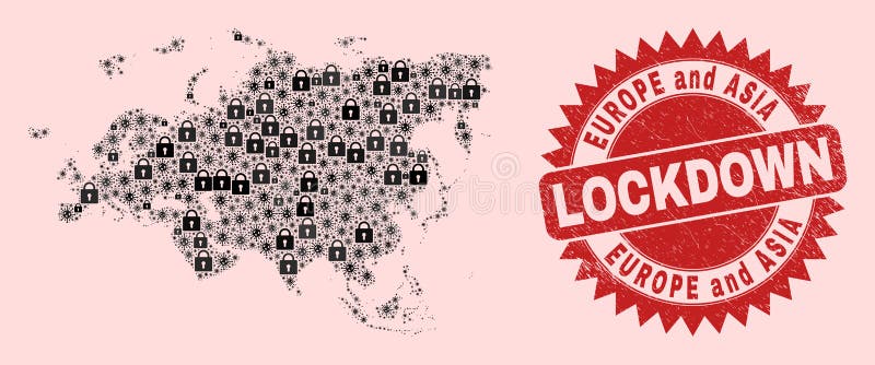 Europe and Asia Map Collage of Locks and Viruses and Scratched Lockdown ...
