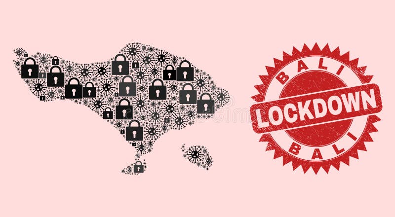 Bali Map Mosaic of Locks and Viral Items and Scratched Lockdown Seal ...
