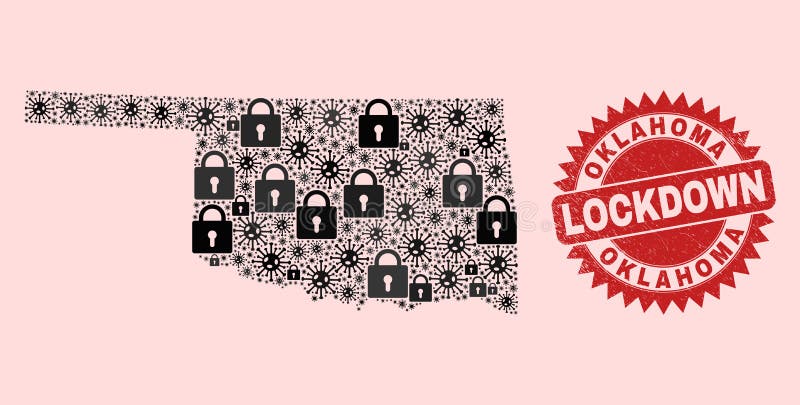 Oklahoma State Map Mosaic of Locks and Viruses and Grunge Lockdown Seal ...