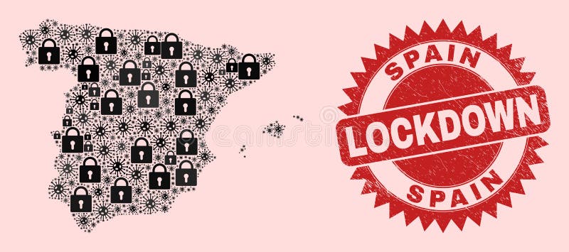 Spain Map Composition with Locks and Covid-2019 and Textured Lockdown ...