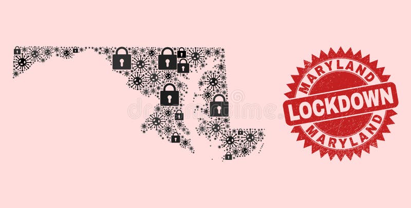 Maryland State Map Mosaic of Locks and Covid-2019 and Grunge Lockdown ...