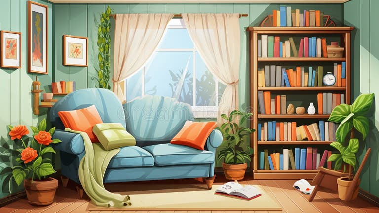 Vector Cozy Room Interior with Bookcase Stock Illustration ...
