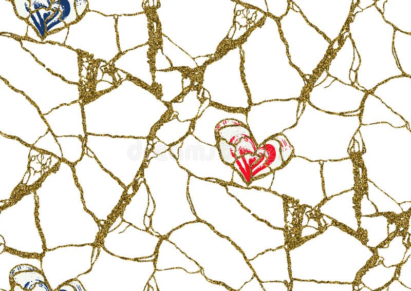 Vector Cracks and Hearts Seamless Pattern, Kintsugi Art Concept, Golden ...