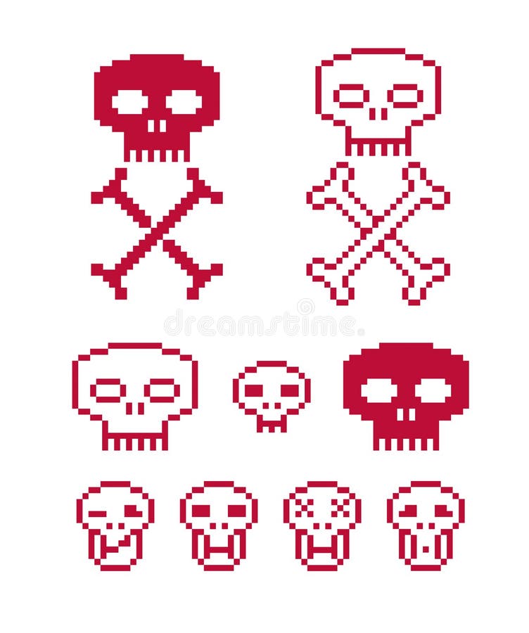 Vector Craniums with Crossed Bones, Flat 8 Bit Icons, Collection Stock ...