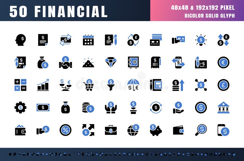 Vector of 50 Currency FInancial Balck and Blue Solid Glyph Icon Set ...