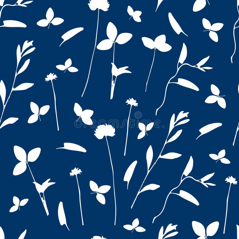 Vector Cute Cyanotype Seamless Flower Pattern Floral Elements Stock ...