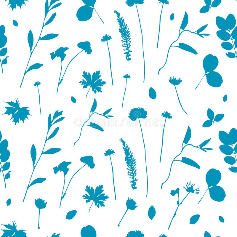 Vector Cute Cyanotype Seamless Flower Pattern Floral Elements Stock ...