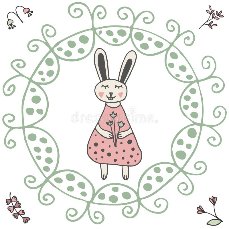Vector Cute Doodle with Rabbit, Frame on White Background. Stock Vector ...