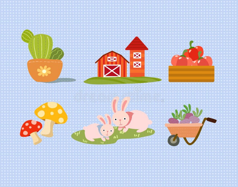 Vector Cute Farm Elements Design., Set of Flat Cartoon Illustration ...
