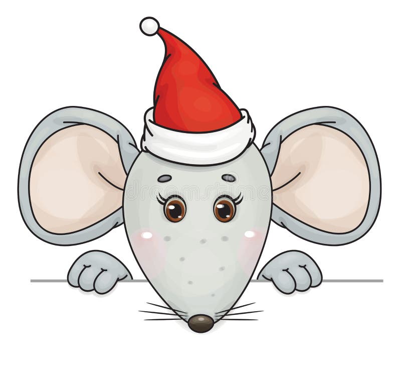 Vector Cute, Grey Mouse Cartoon in Christmas Hat Hiding by Blank. Stock ...