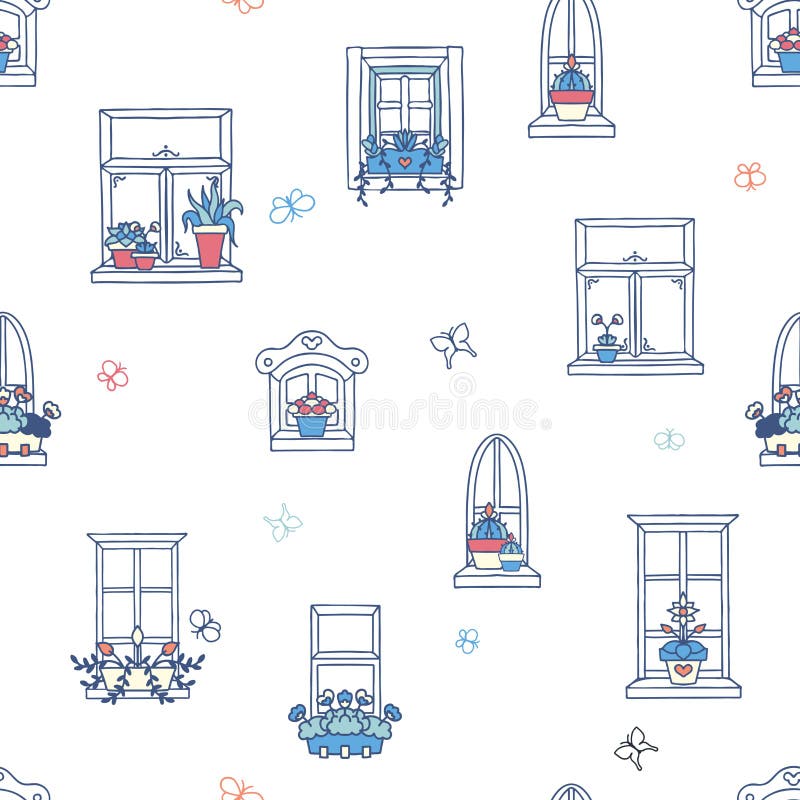 Vector Cute Hand Drawn Window with Florals Seamless Pattern Background ...