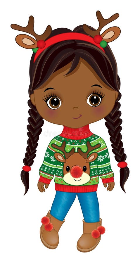 Vector Cute Little African American Girl In Christmas Sweater Stock