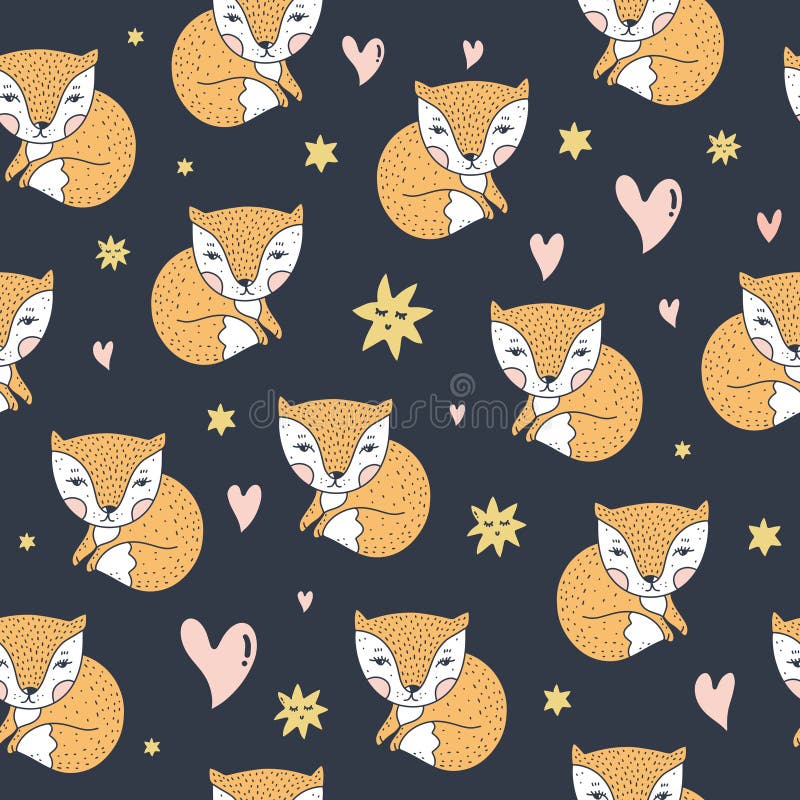 Cute Foxes Seamless Pattern. Orange Foxes on Floral Background Stock ...