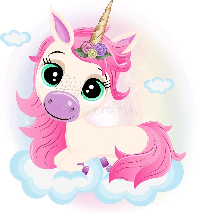 Vector Cute Little Pink Unicorn Sitting on a Cloud Stock Vector ...