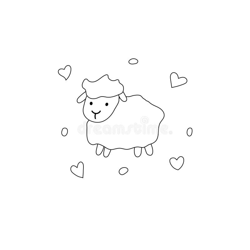 Vector Cute Outline Cartoon Sheep with Hearts and Dots Stock Vector ...