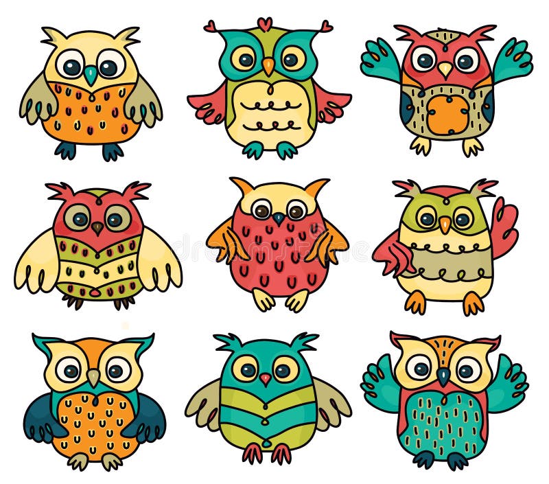 Vector Cute Owls Cartoons Isolated. Stock Vector - Illustration of ...