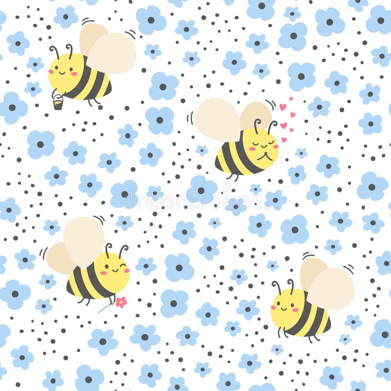 Vector Cute Pattern. Cute Bees and Blue Daisies Stock Vector ...